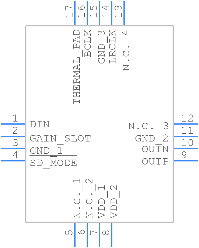 MAX98357AETE+T footprint, schematic symbol and 3D model by Analog Devices